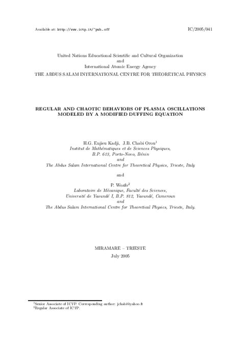 Pdf Regular And Chaotic Behaviors Of Plasma Oscillations Modeled By A Modified Duffing Equation