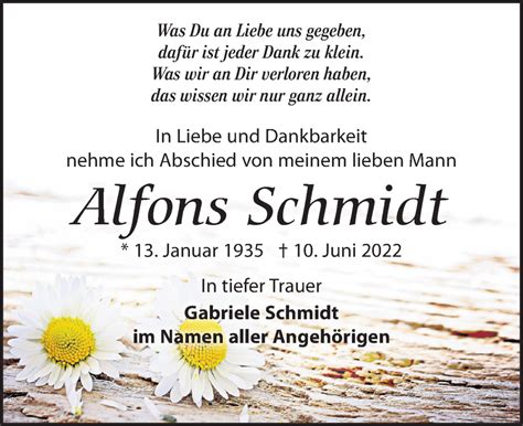 Traueranzeigen Von Alfons Schmidt Trauer Anzeigen De