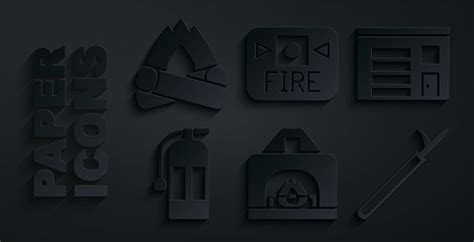 인테리어 벽난로 역 건물 소화기 금속 파이크 폴 경보 시스템 및 캠프 파이어 아이콘을 설정하십시오 벡터 3차원 형태에 대한 스톡 벡터 아트 및 기타 이미지 Istock