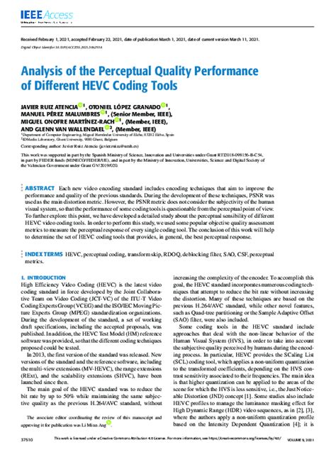 Pdf Analysis Of The Perceptual Quality Performance Of Different Hevc Coding Tools