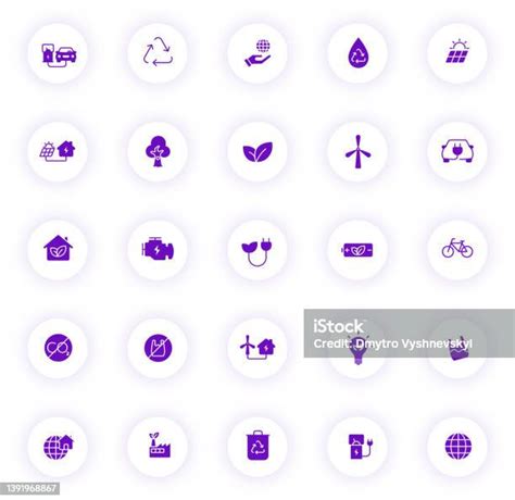 보라색 그림자가있는 밝은 둥근 버튼에 에코 보라색 색상 벡터 아이콘 웹 모바일 앱 Ui 디자인 및 인쇄를위한 에코 아이콘 세트 그래픽 사용자 인터페이스에 대한 스톡 벡터