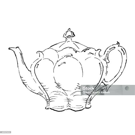 검은 잉크 고전적인 주전자 흰색 배경에 고립의 그림 벡터 일러스트입니다 손으로 그린 스케치 스타일입니다 검은색에 대한 스톡 벡터 아트 및 기타 이미지 Istock