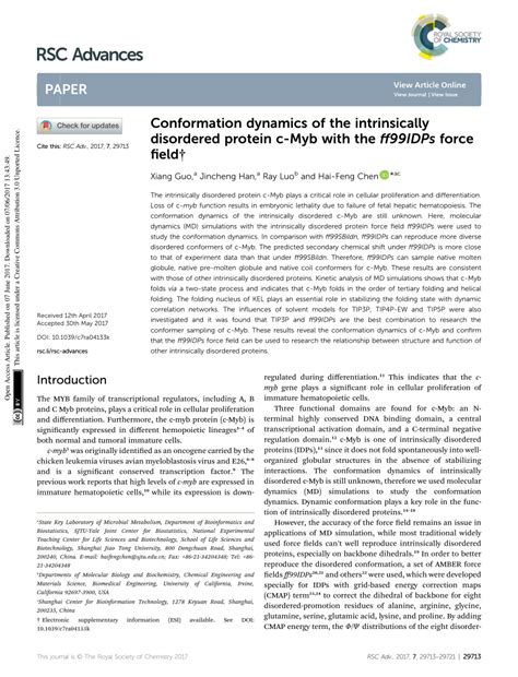 Pdf Conformation Dynamics Of The Intrinsically Disordered Protein C Myb With The Ff99idps