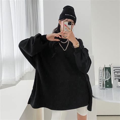 유야 99까지 라운드넥 가오리 트임 퍼프 긴팔 롱 티셔츠 커플티 남녀공용 Ts0286 빅사이즈 루즈핏 가을 코디