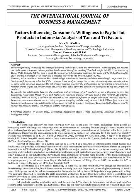 Pdf Factors Influencing Consumers Willingness To Pay For Iot Products In Indonesia Analysis