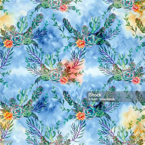 다육 식물 장식 구성 플로라리움 매끄러운 패턴 수채화 제도법 벽지 인쇄된 자료 표지판 포스터 엽서 포장을 사용하십시오 0명에 대한 스톡 벡터 아트 및 기타 이미지 Istock