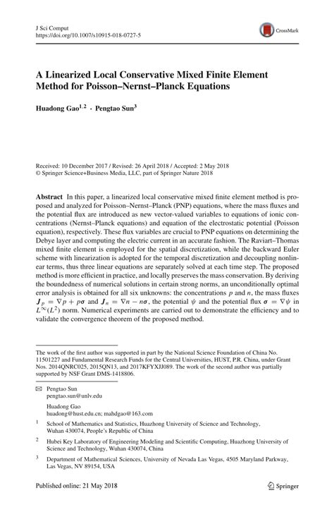 Pdf A Linearized Local Conservative Mixed Finite Element Method For Poisson Nernst Planck