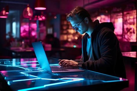 Premium Ai Image Software Developer Working On Laptop In Futuristic Interior