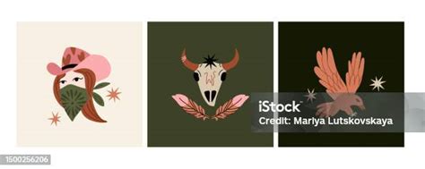 와일드 웨스트 카드 서양 인쇄 또는 포스터 미국 카우걸 초상화 깃털이 달린 암소 두개골 플라잉 독수리 장식을 위한 현대 미술 빈티지 텍사스 스타일 벡터 만화 평면 격리 세트