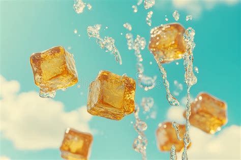 Floating Ice Cubes Splash Into The Ocean Under A Bright Blue Sky Stock Illustration