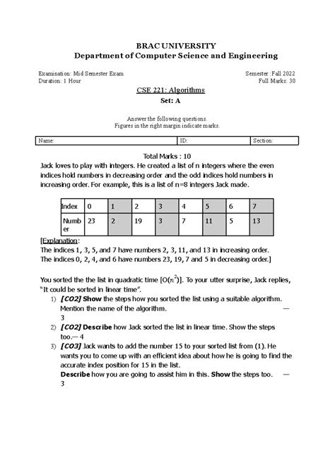 CSE Midterm Question Fall Semester BRAC UNIVERSITY Department Of Computer Science And