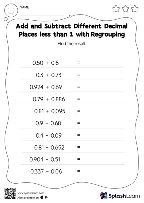 Add And Subtract Different Decimal Places Less Than 1 With Regrouping Horizontal Worksheet