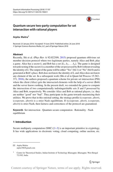 Quantum Secure Two Party Computation For Set Intersection With Rational