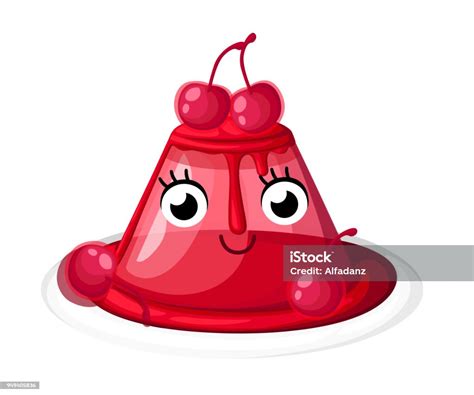 귀여운 빨간 투명 체리 젤리 접시에 만화 스타일 캐릭터 디자인입니다 웃는 얼굴의 마스코트 과일 젤라틴 디저트는 체리를 장식 벡터 일러스트 레이 션 흰색 배경에 고립 0명에