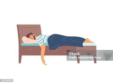 밤에 침대에서 자고있는 남자 흰색에 고립 된 평평한 벡터 일러스트 레이션 가정 생활에 대한 스톡 벡터 아트 및 기타 이미지