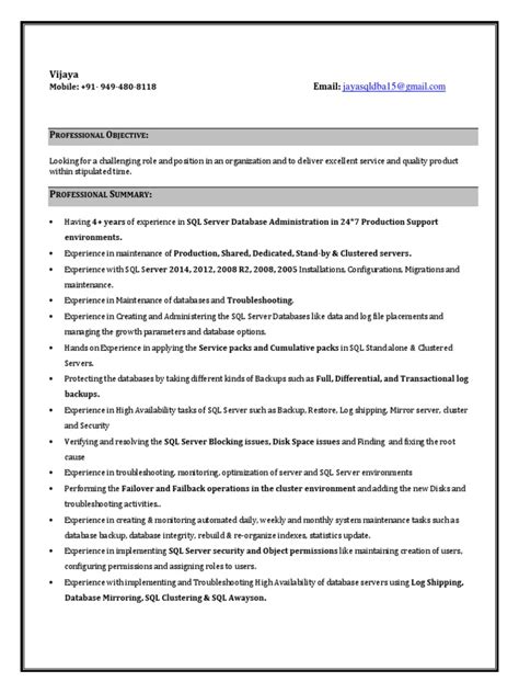 vijaya sql dba 4 yrs pdf microsoft sql server databases
