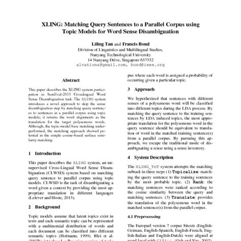 Xling Matching Query Sentences To A Parallel Corpus Using Topic Models