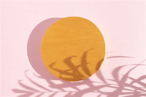 기하학적 형태의 추상적 인 최소 장면 열대 야자 잎의 그림자가있는 분홍색 배경에 원통형 황금 연단 화장품을 보여주는 장면 쇼케이스 디스플레이 케이스 강단에 대한 스톡 사진