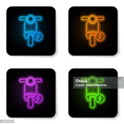 빛나는 네온 전기 스쿠터 아이콘 흰색 배경에 고립 검은색 사각형 단추입니다 벡터 일러스트 개념에 대한 스톡 벡터 아트 및 기타 이미지 Istock