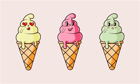 귀여운 복고풍 만화 아이스크림 콘 재미있는 얼굴 아이스 캔디 아이스크림 와플 콘에 담긴 그루비한 아이스크림 포스터 전단지 파티 초대장 배너용 재미 있는 마스코트 캐릭터입니다