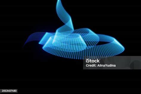 파란색 빛의 네온 웨이브는 소용돌이 또는 깔때기로 검은 배경에 점선 줄무늬가 있습니다 움직이는 흐르는 선이 있는 추상적인 배경