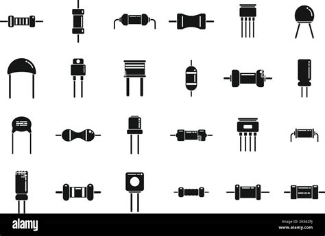 Resistor Icons Set Simple Vector Capacitor Chip Battery Board Stock