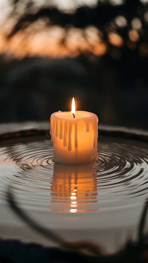 Candle Glowing On Reflective Surface Casting Rippling Patterns In Dark