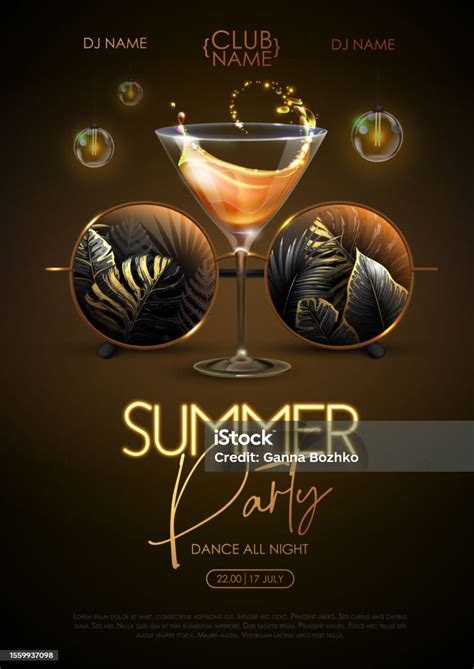 둥근 모양의 선글라스 형광 열대 잎과 칵테일이 있는 여름 디스코 파티 포스터 벡터 그림입니다 개인 장식품에 대한 스톡 벡터 아트 및 기타 이미지 Istock