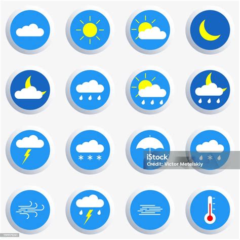 날씨 아이콘 설정입니다 다채로운 일기 예보 기호 구름 태양 달 비 벡터 그림입니다 0명에 대한 스톡 벡터 아트 및 기타 이미지