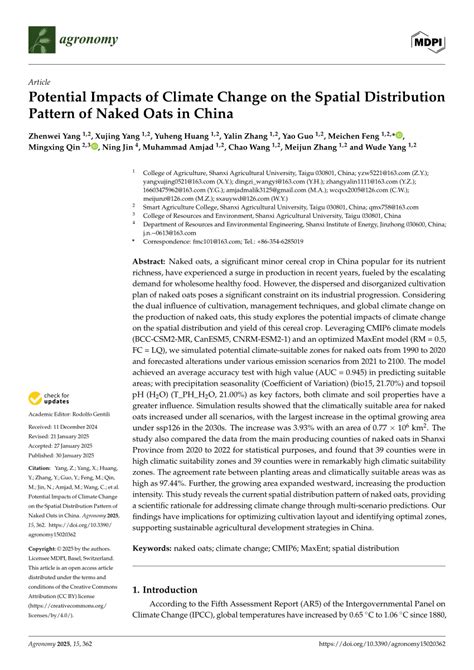 PDF Potential Impacts Of Climate Change On The Spatial Distribution Pattern Of Naked Oats In China