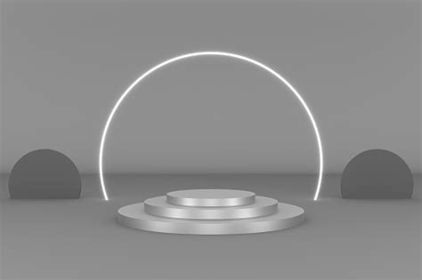 제품 배경 단계 또는 연단을 위한 3d 플랫폼 회색 색깔 및 반지 원형 네온 백색 색깔을 가진 공백 전시 플랫폼 3d 일러스트레이션 렌더링 0명에 대한 스톡 사진 및 기타