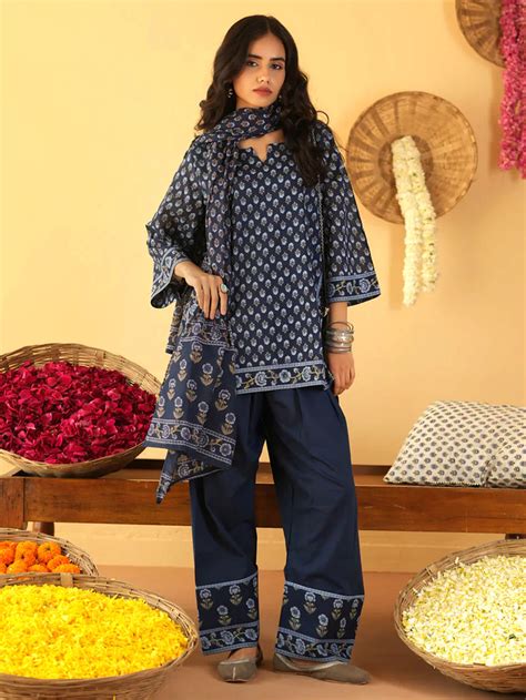 Blue Printed Cotton Suit Set Of 3