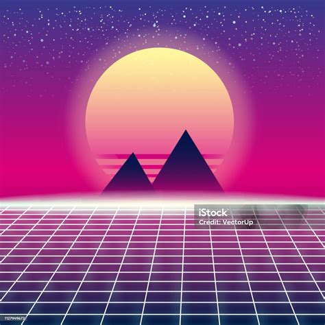 피라미드 태양 Synthwave 레트로 미래의 풍경을 그리고 스타일된 레이저 격자 네온 Retrowave 디자인 및 공상 과학 요소 80 년대 90 년대 공간 벡터 일러스트