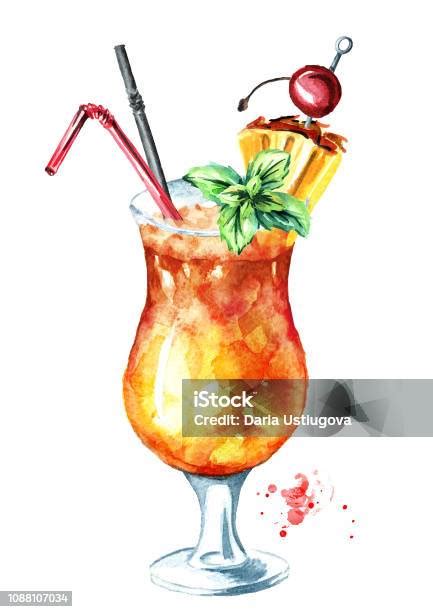 마이 타이 칵테일 파인애플 민트 체리와 럼 흰색 배경에 고립 수채화 손으로 그린 그림 칵테일에 대한 스톡 벡터 아트 및 기타 이미지 칵테일 티키 0명 Istock