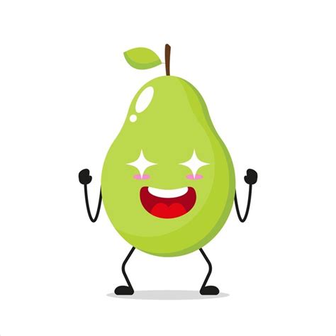 귀여운 흥분된 배 캐릭터 플랫 스타일의 재미있는 짜릿한 과일 만화 이모티콘 프리미엄 벡터