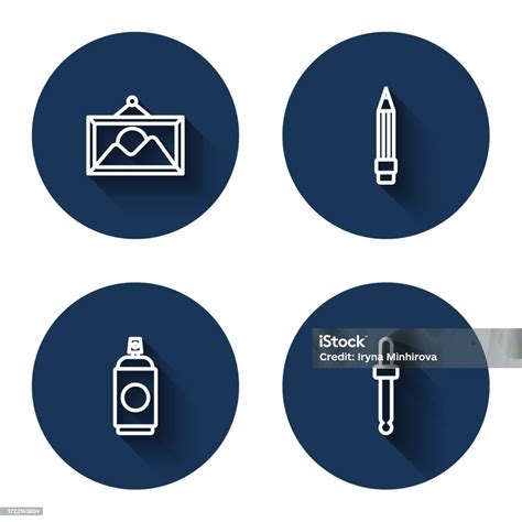 선 그림 풍경 지우개가 있는 연필 페인트 스프레이 캔 및 긴 그림자가 있는 스포이드 색상 선택기 팔레트를 설정합니다 파란색 원