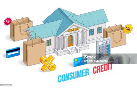 소비자 신용의 개념 은행 쇼핑백 계산기 카드와 백분율 기호 흰색 배경에 고립 된 건물 3 차원 Isometric 비즈니스 및 금융 일러스트 벡터 얇은 라인 디자인 0명에