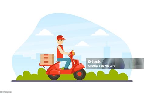 익스프레스 배달 서비스 모터 바이크 플랫 벡터 일러스트와 함께 피자를 제공하는 유니폼택배 독일에 대한 스톡 벡터 아트 및 기타