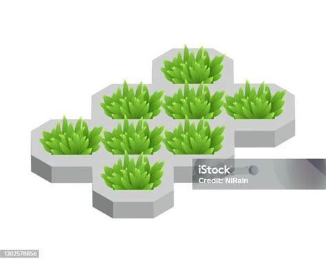 흰색 배경에 고립 된 녹색 잔디와 등색 벡터 일러스트 콘크리트 그리드 포장 평면 만화 스타일의 현실적인 잔디 스톤 아이콘 포장 바닥 벽돌 거리 타일 녹색 잔디 잔디 등측