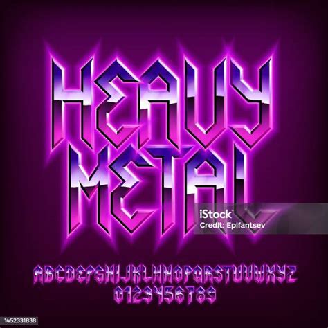 헤비메탈 알파벳 글꼴입니다 헤비메탈 스타일의 빛나는 문자 숫자 및 구두점 헤비 메탈에 대한 스톡 벡터 아트 및 기타 이미지