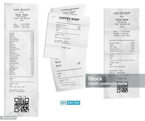 현실적인 금전 등록기 판매 영수증 고립 또는 현금 영수증 인쇄 백서 또는 인쇄 열 압연 종이 세트 Eps 벡터 영수증에 대한 스톡 벡터 아트 및 기타 이미지 Istock