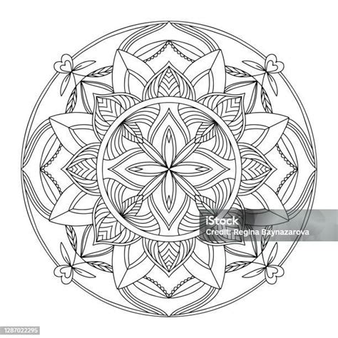 색칠 페이지 Zendal 명상 요가 릴렉스를 위한 디자인벡터 만다라 블랙 윤곽선 흰색 배경에 고립 0명에 대한 스톡 벡터 아트