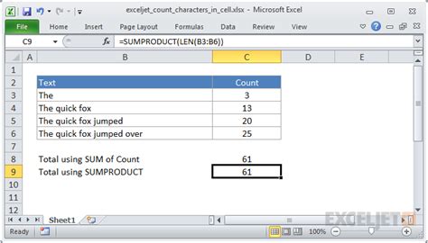 excel formula count total characters in a range exceljet worksheet