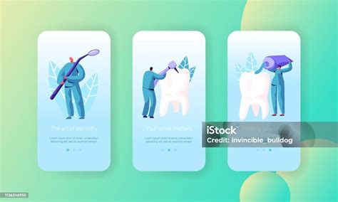 건강 한 치아 치료 관리 모바일 앱 페이지 온보드 화면 설정 치과 의사 예방 미 백 및 치약과 칫 솔 의료 웹 사이트 또는 웹 페이지에 대 한 편평한 만화 벡터 일러스트