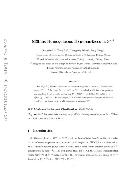 Pdf M {o}bius Homogeneous Hypersurfaces In Mathbb{s} {n 1}