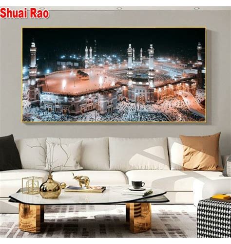 보석십자수 대형 메카 모스크 야경 다이아몬드 모자이크 케베 메케 이슬람 예술 자수 거실 장식 홈 큰 그림 티몬