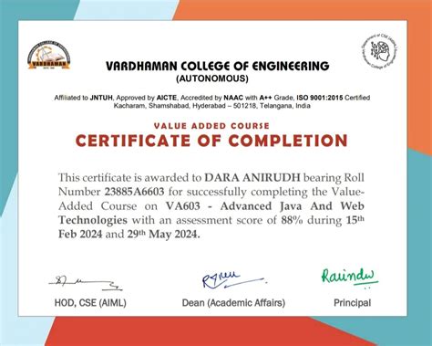 Java Webtechnologies Continuouslearning Achievement Vardhamancollegeofengineering Anirudh