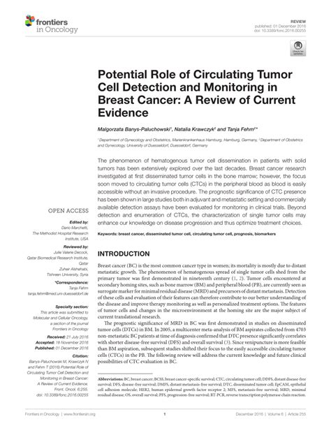 Pdf Potential Role Of Circulating Tumor Cell Detection And Monitoring