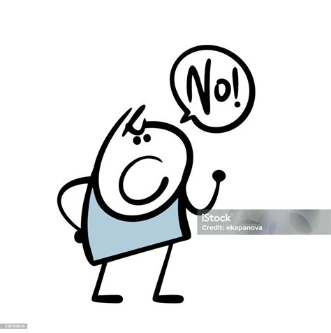 매우 무례한 스틱맨은 주먹을 꽉 쥐고 단호하게 아니오라고 외칩니다 만화에 대 한 무서운 남자의 벡터 그림 흰색 배경에 고립 된 만화 소년 공격성에 대한 스톡 벡터 아트 및