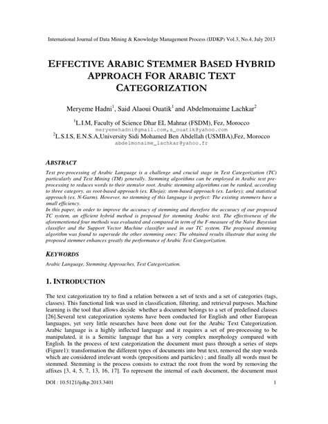 Pdf Effective Arabic Stemmer Based Hybrid Approach For Arabic Text Categorization